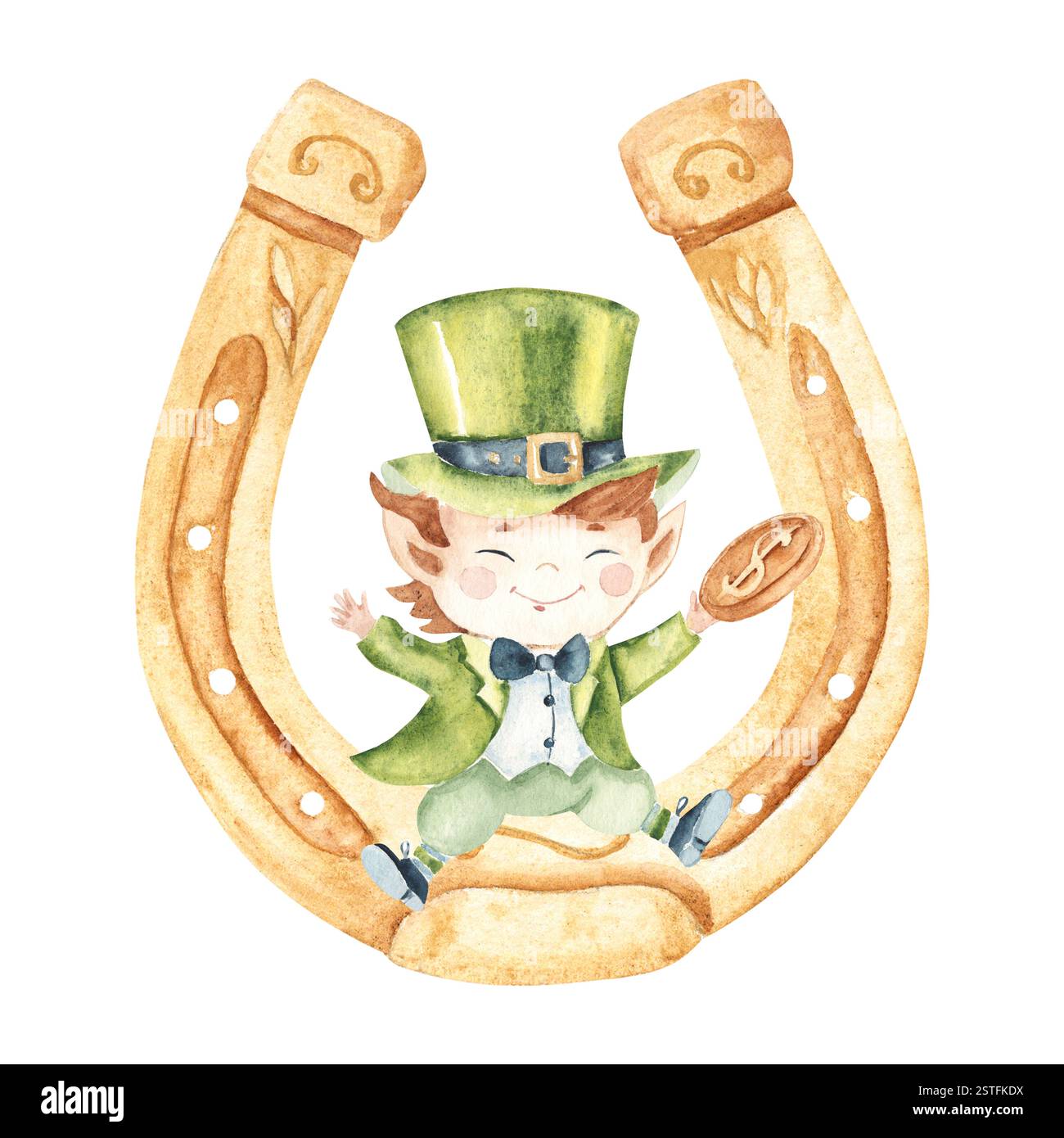 A cute Leprechaun cartoon character with Golden Coin sitting on ...