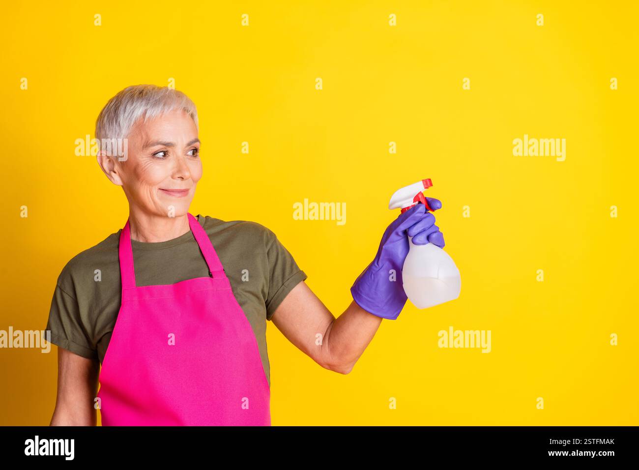 Portrait of pretty aged woman maid spray empty space pink apron ...