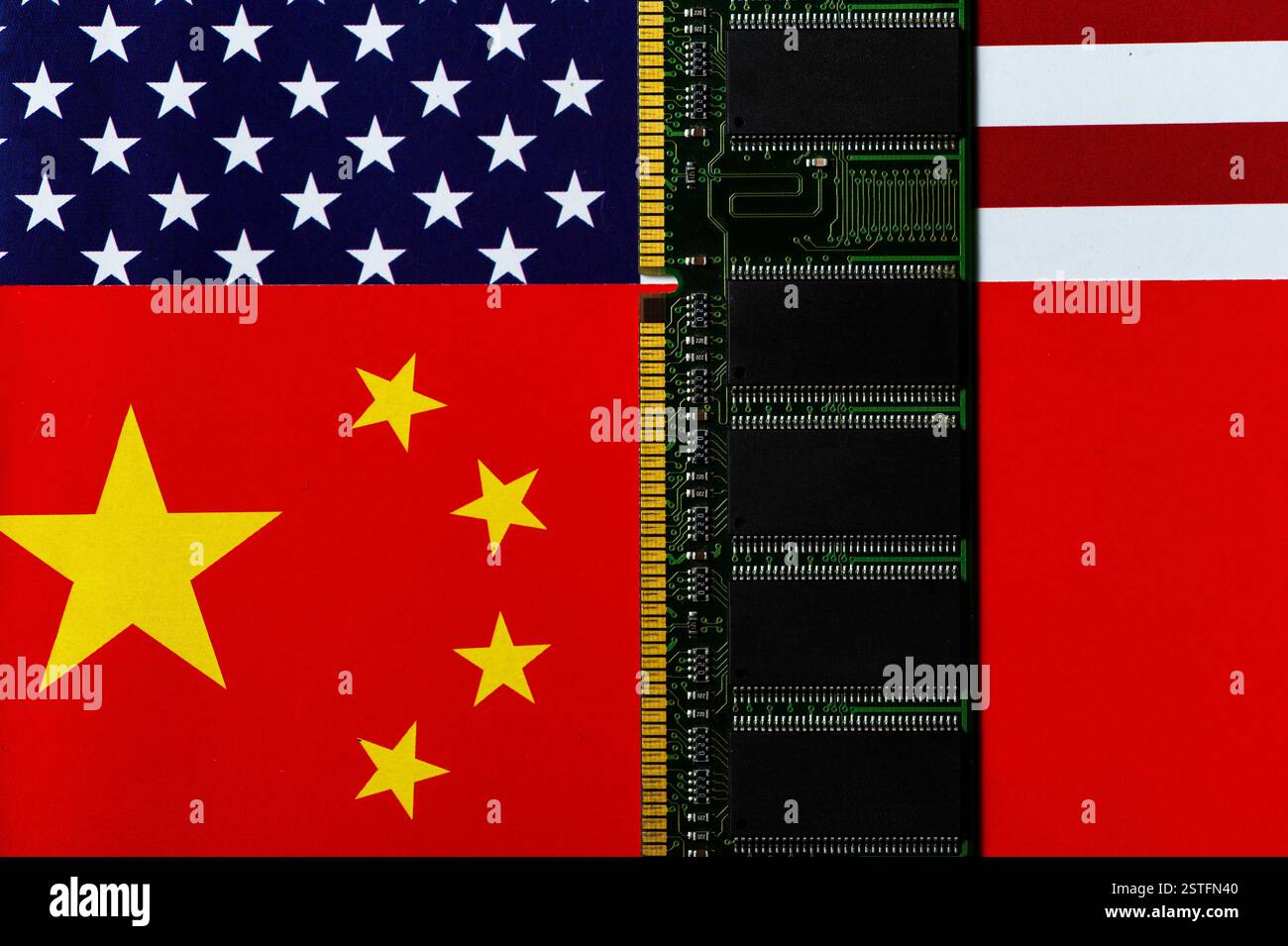 Micro Chip USA, China flags together background, abstract US China politics economy relationship ...