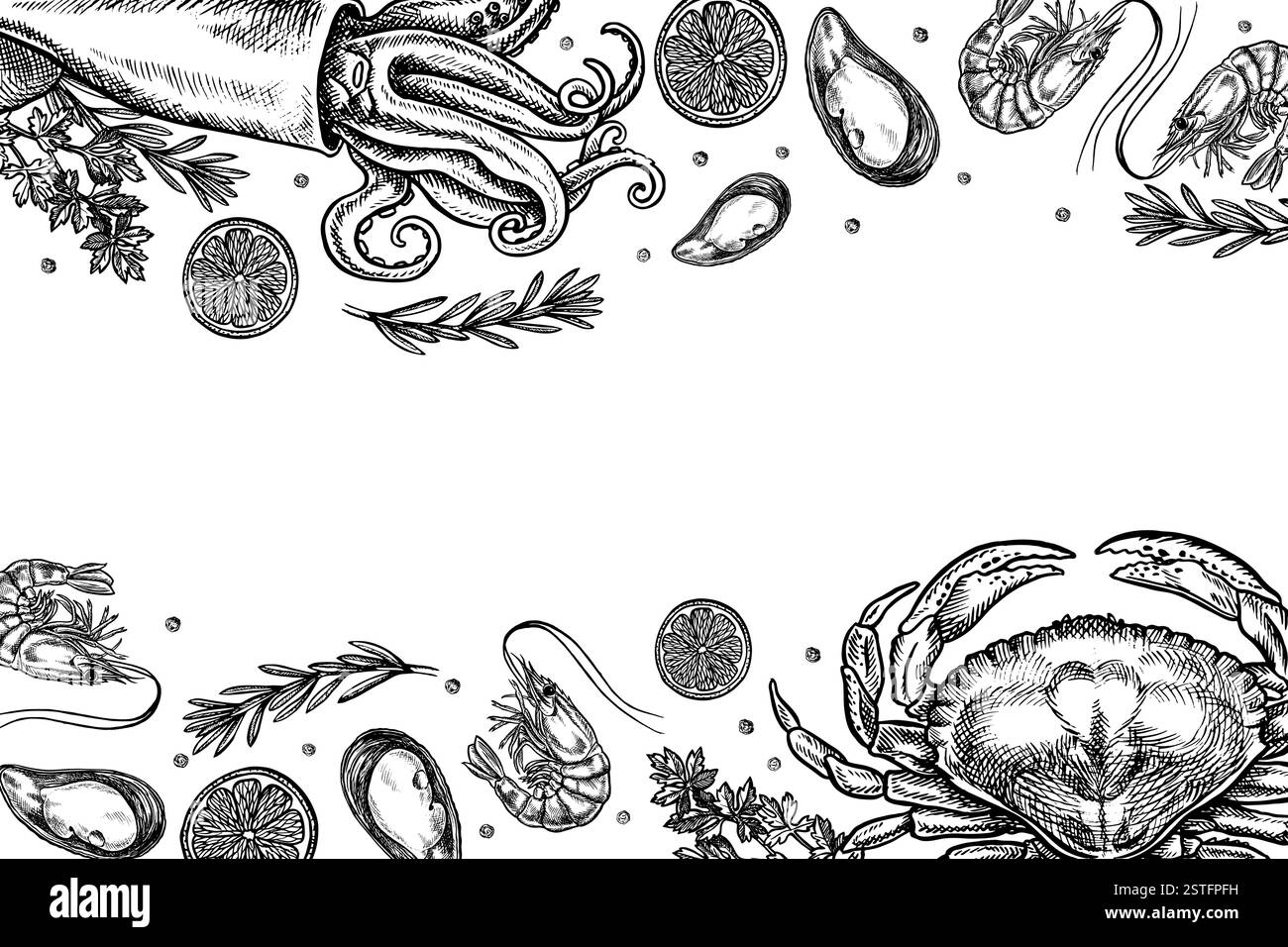 Seafood frame, squid, mussels and shrimps with lemon and herbs, crab ...