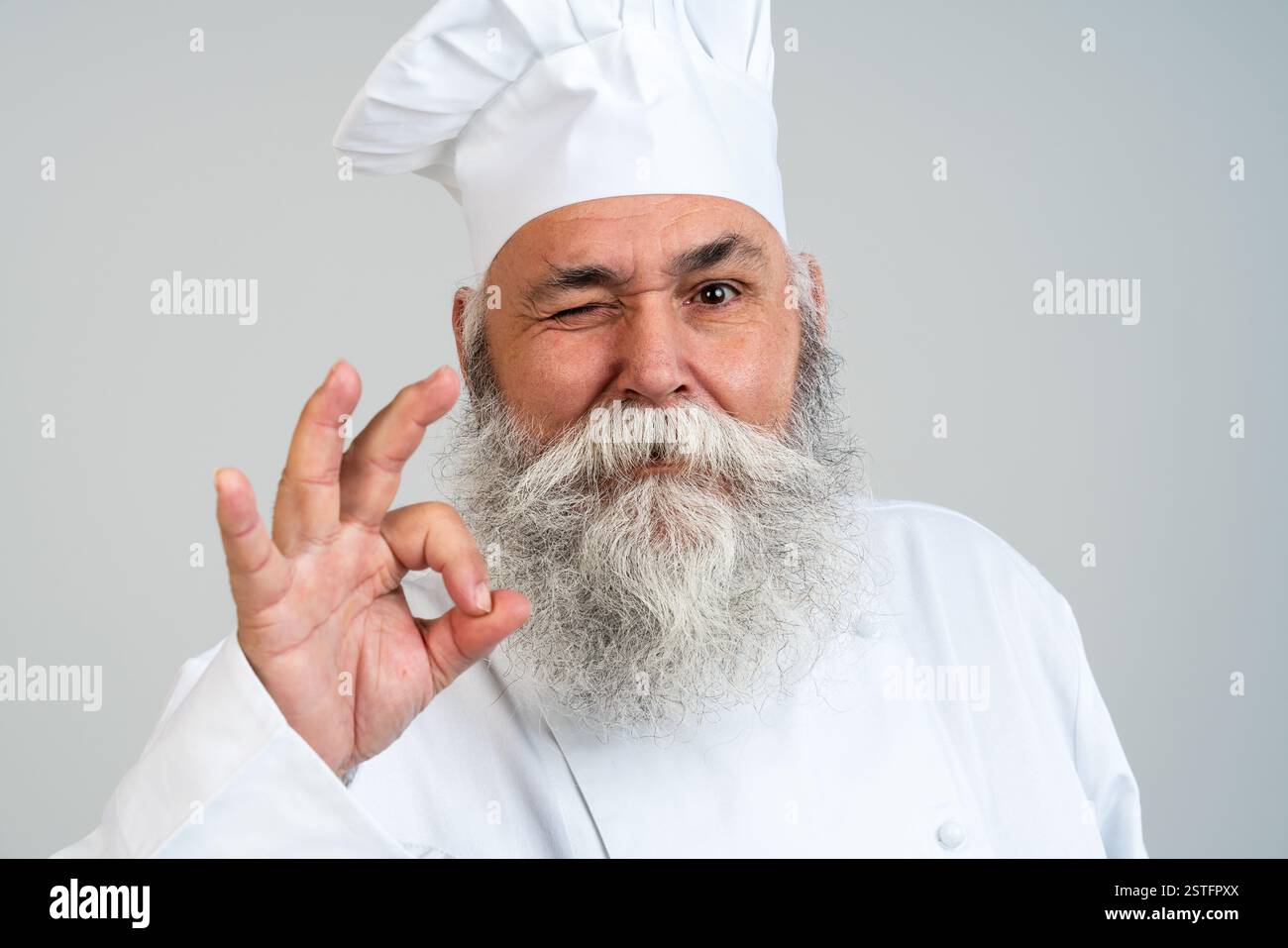 Senior old man with cooking chef gray beard portrait in studio - Funny ...