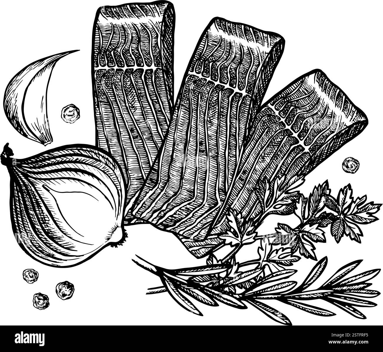 Sliced fish with vegetables. A vector graphic illustration made by hand ...