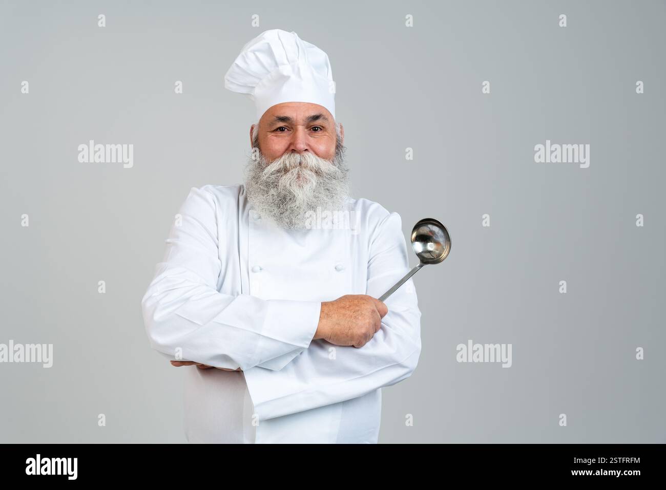 Senior old man with cooking chef gray beard portrait in studio - Funny ...