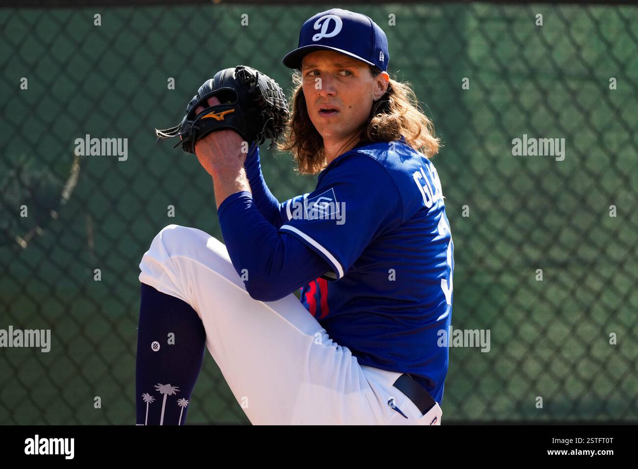Los Angeles Dodgers pitcher Tyler Glasnow throws during spring training ...