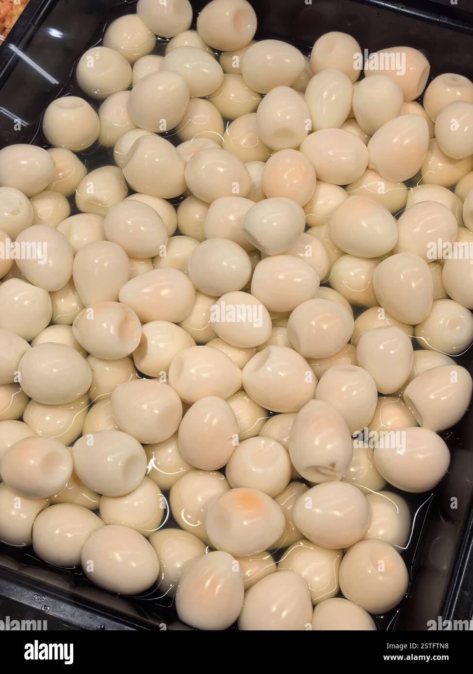 A bountiful collection of quail eggs rests in a glossy tray, reflecting ...