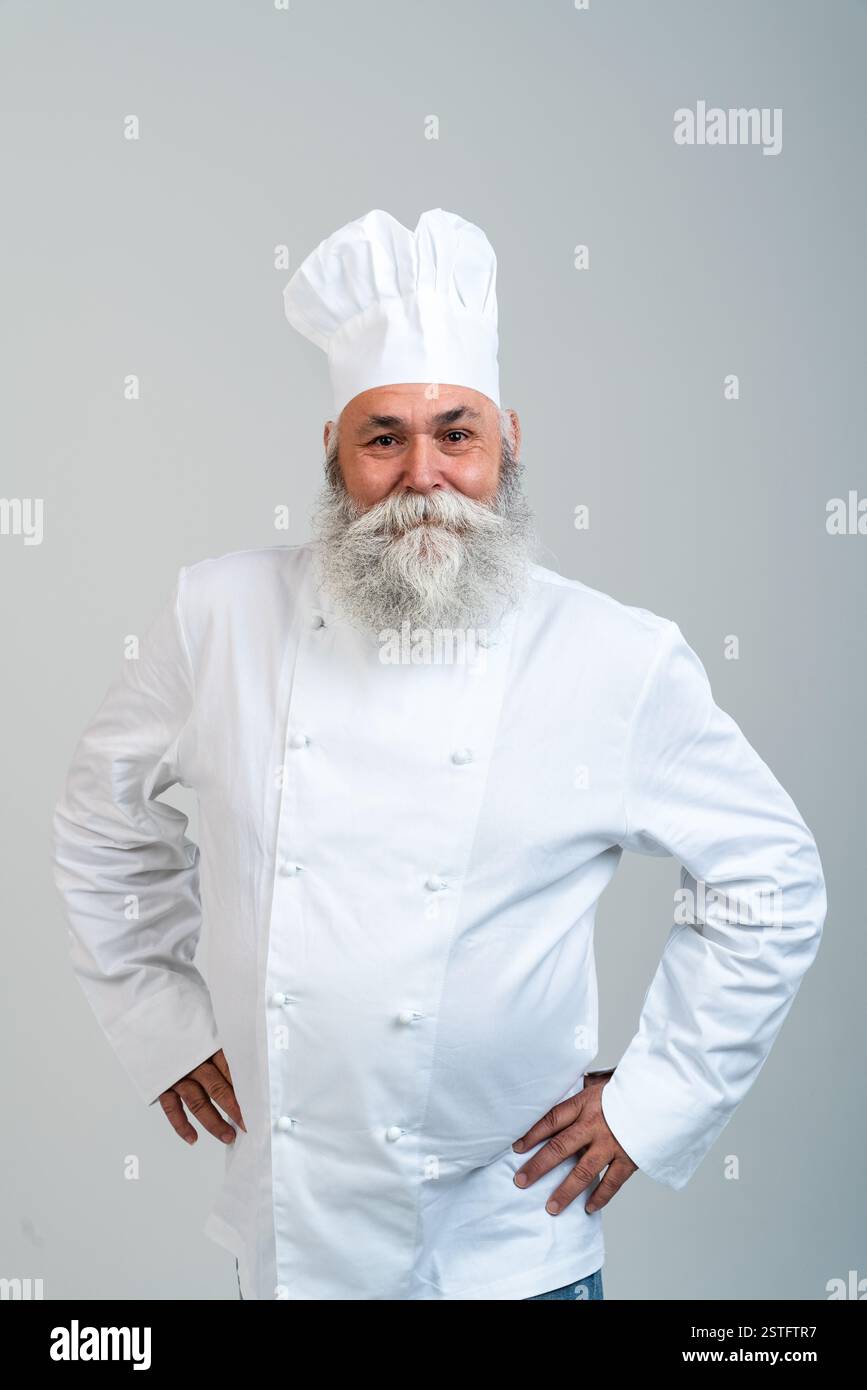 Senior old man with cooking chef gray beard portrait in studio - Funny ...