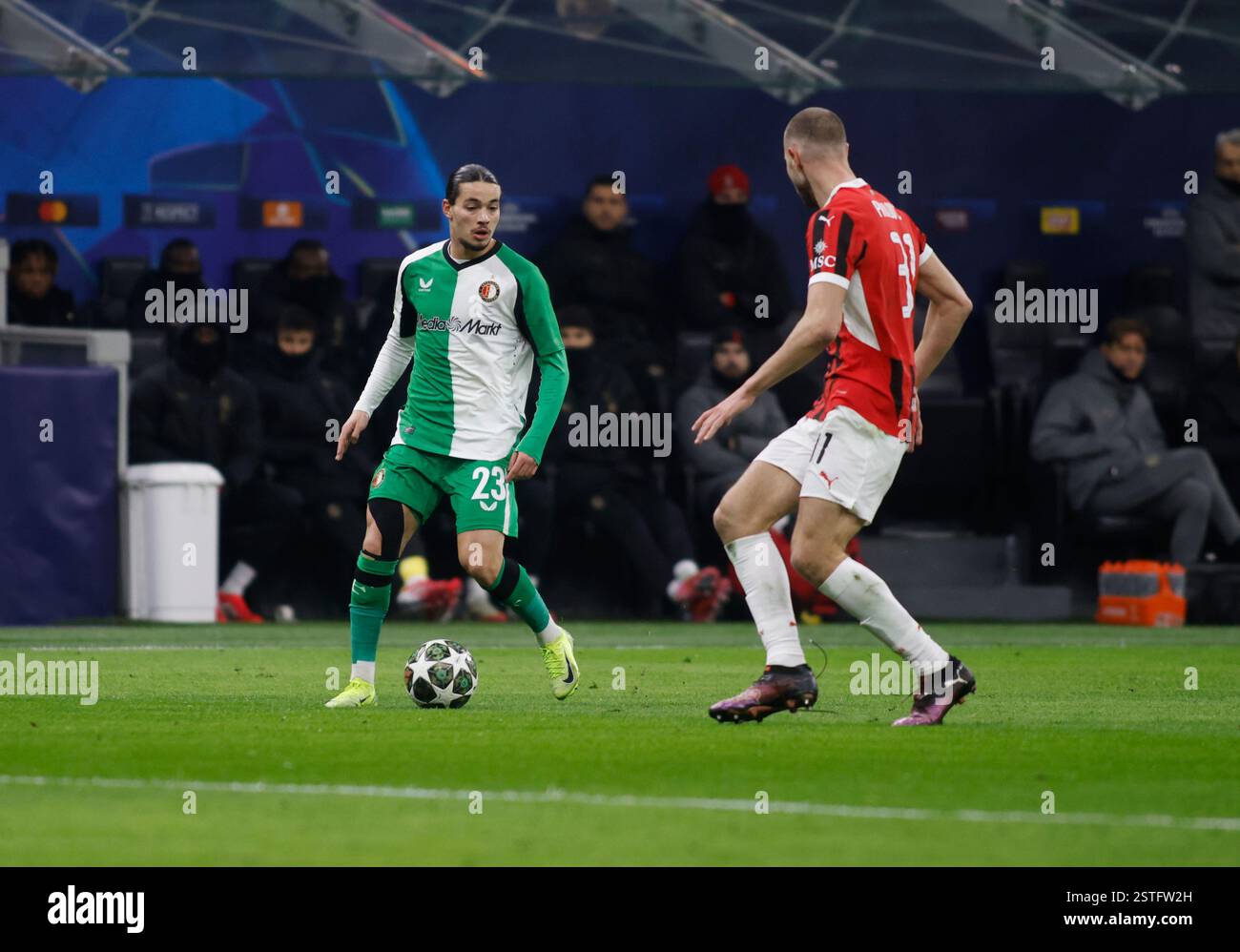 Milan, Italy. 18th Feb, 2025. Anis Hadj Moussa of Feyenoord Rotterdam ...