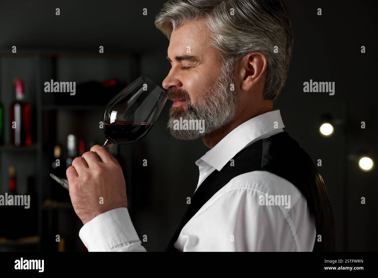 Professional sommelier tasting red wine in glass indoors Stock Photo ...