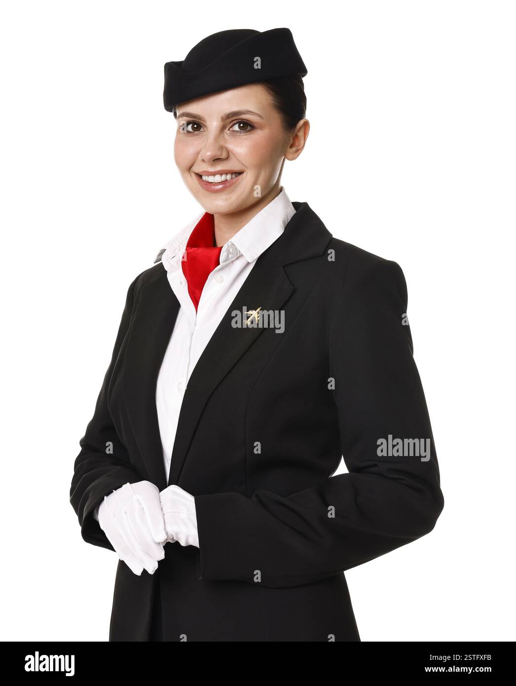 Happy flight attendant in uniform on white background Stock Photo - Alamy