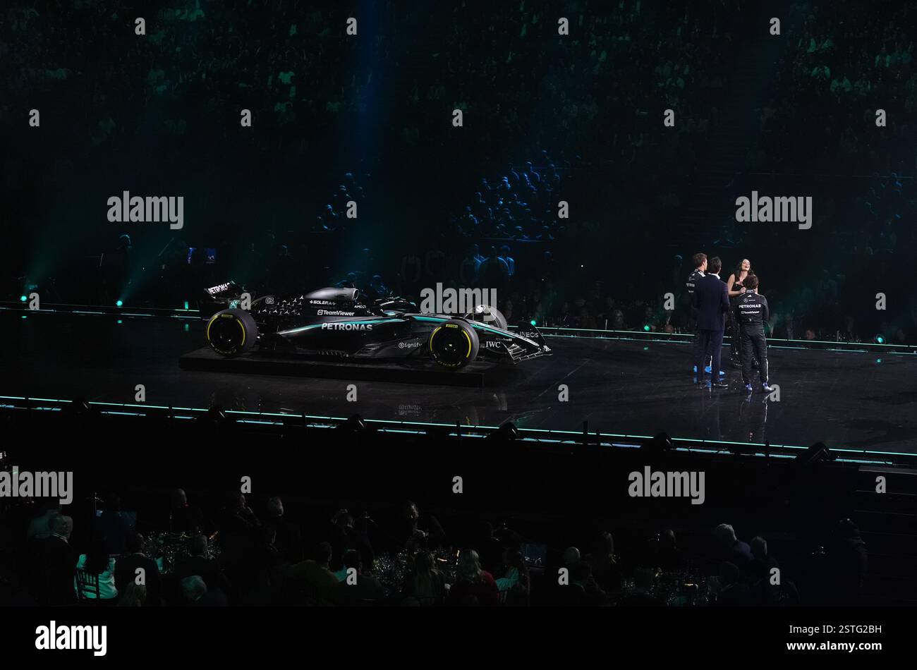 Mercedes drivers Andrea Kimi Antonelli and George Russell with team principal Toto Wolff during ...