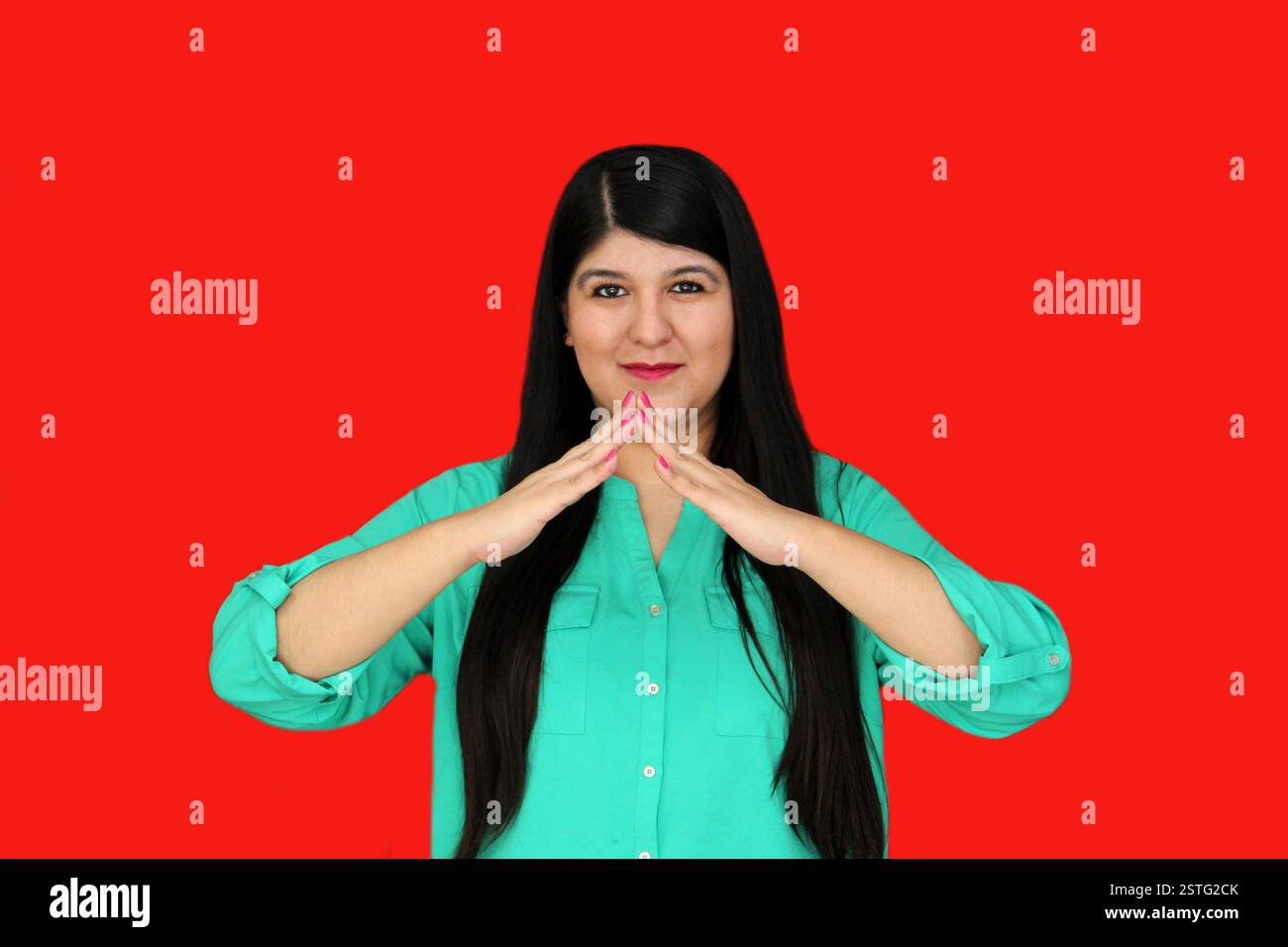 Latina adult woman uses Mexican Sign Language as a person with a ...