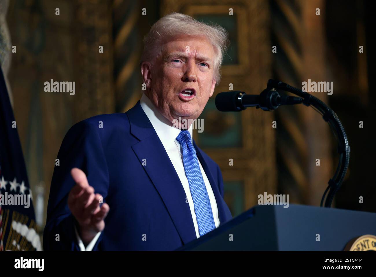 President Donald Trump speaks to the media at Mar-a-Lago, Tuesday, Feb ...