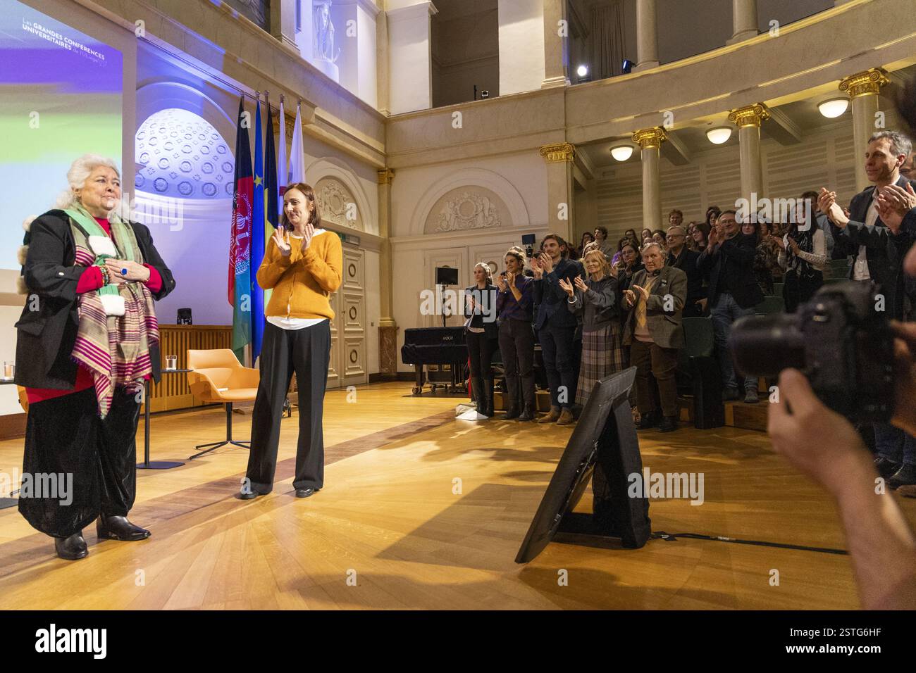 Liege, Belgium. 18th Feb, 2025. Afghan activist Mahbouba Seraj and Elsa ...