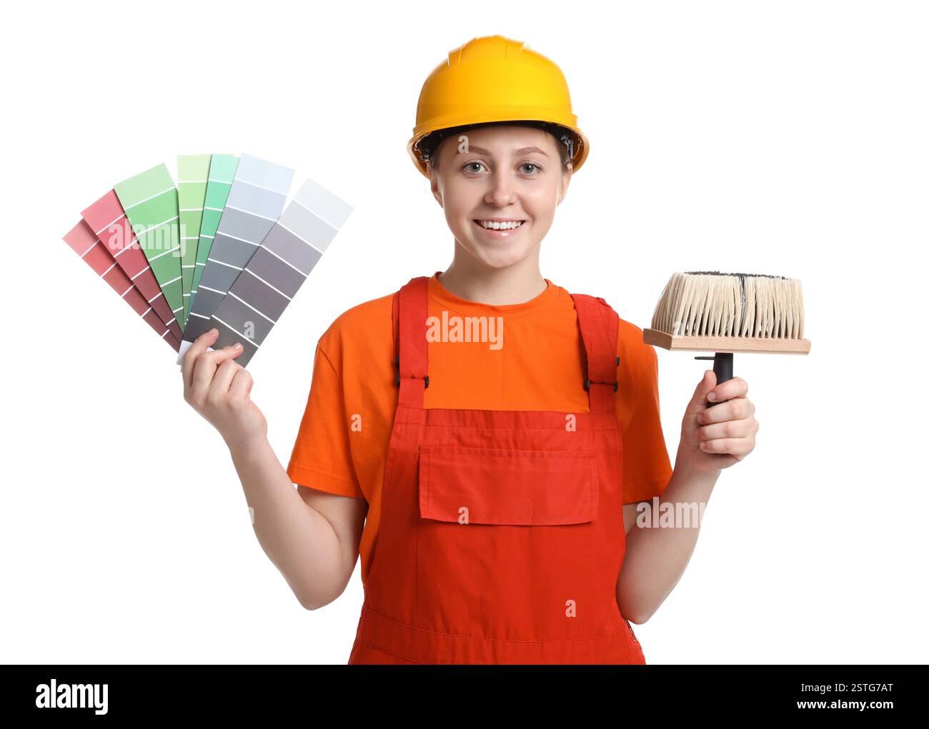 Professional painter with color selection chart and brush on white ...