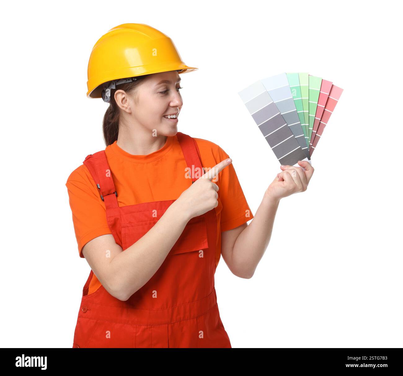 Professional painter with color selection chart on white background ...