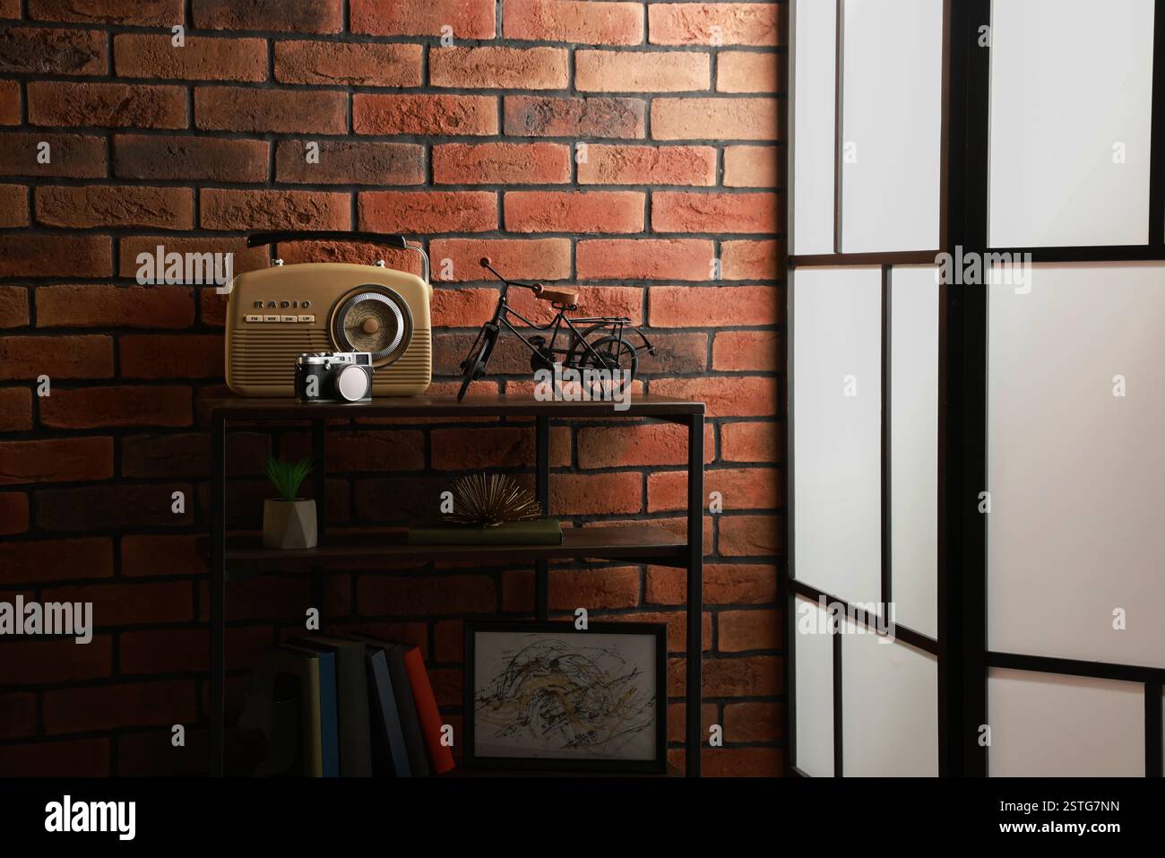 Shelving unit with different decor, radio receiver and camera near ...