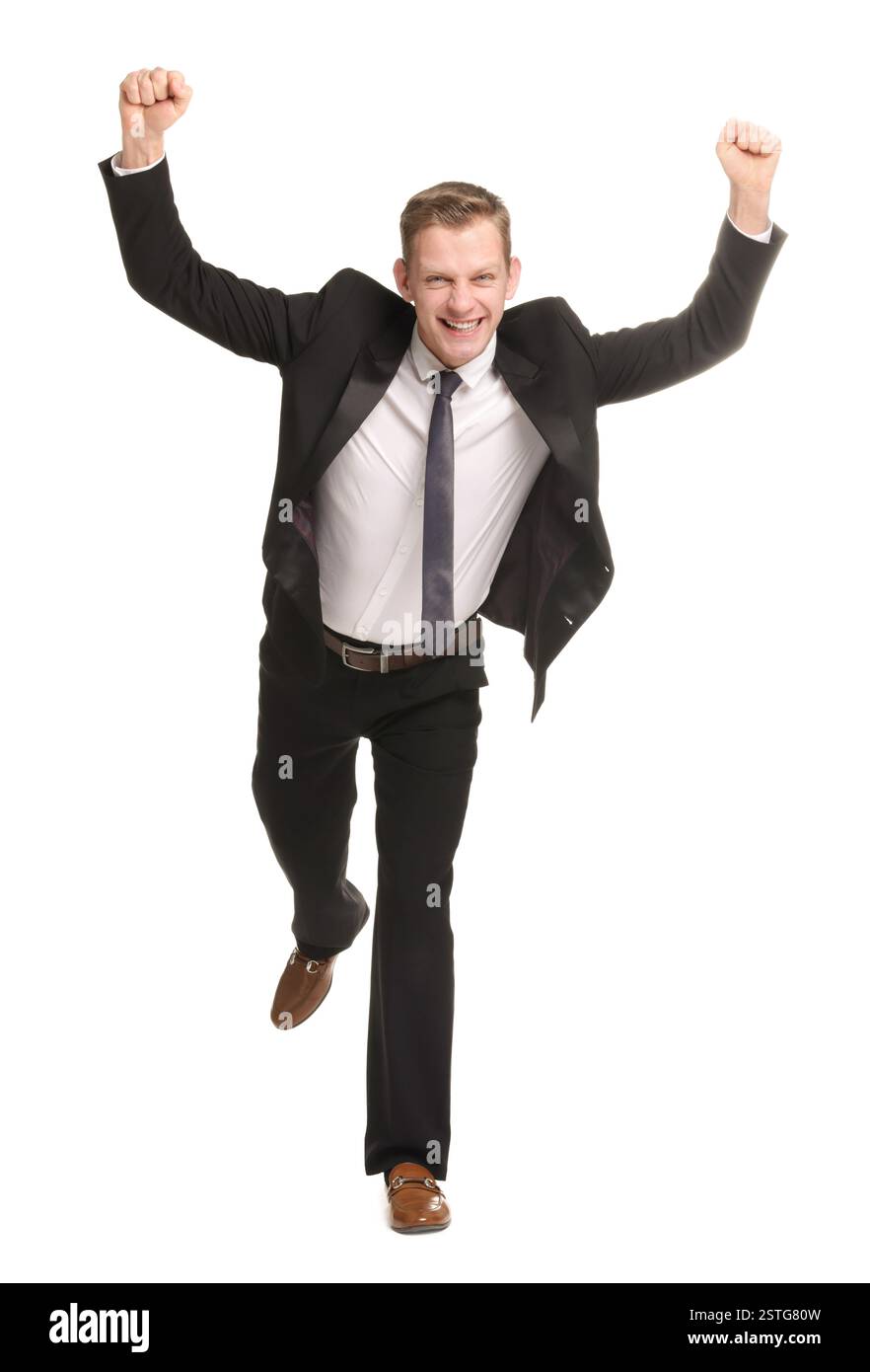Business competition. Happy man running on white background Stock Photo ...