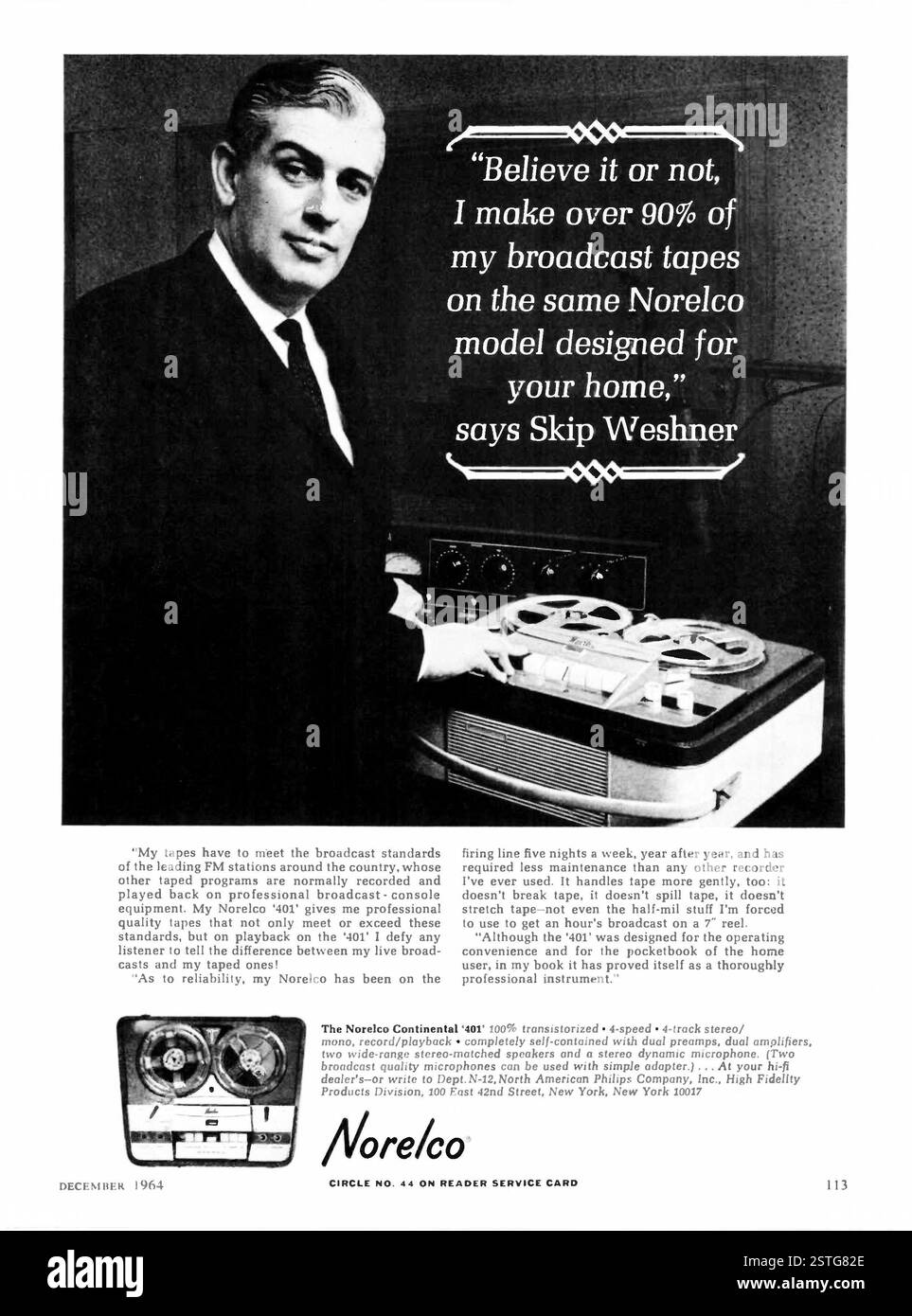 1964 US Norelco Continental 401 Reel-to-Reel Tape Recorder Ad feat ...