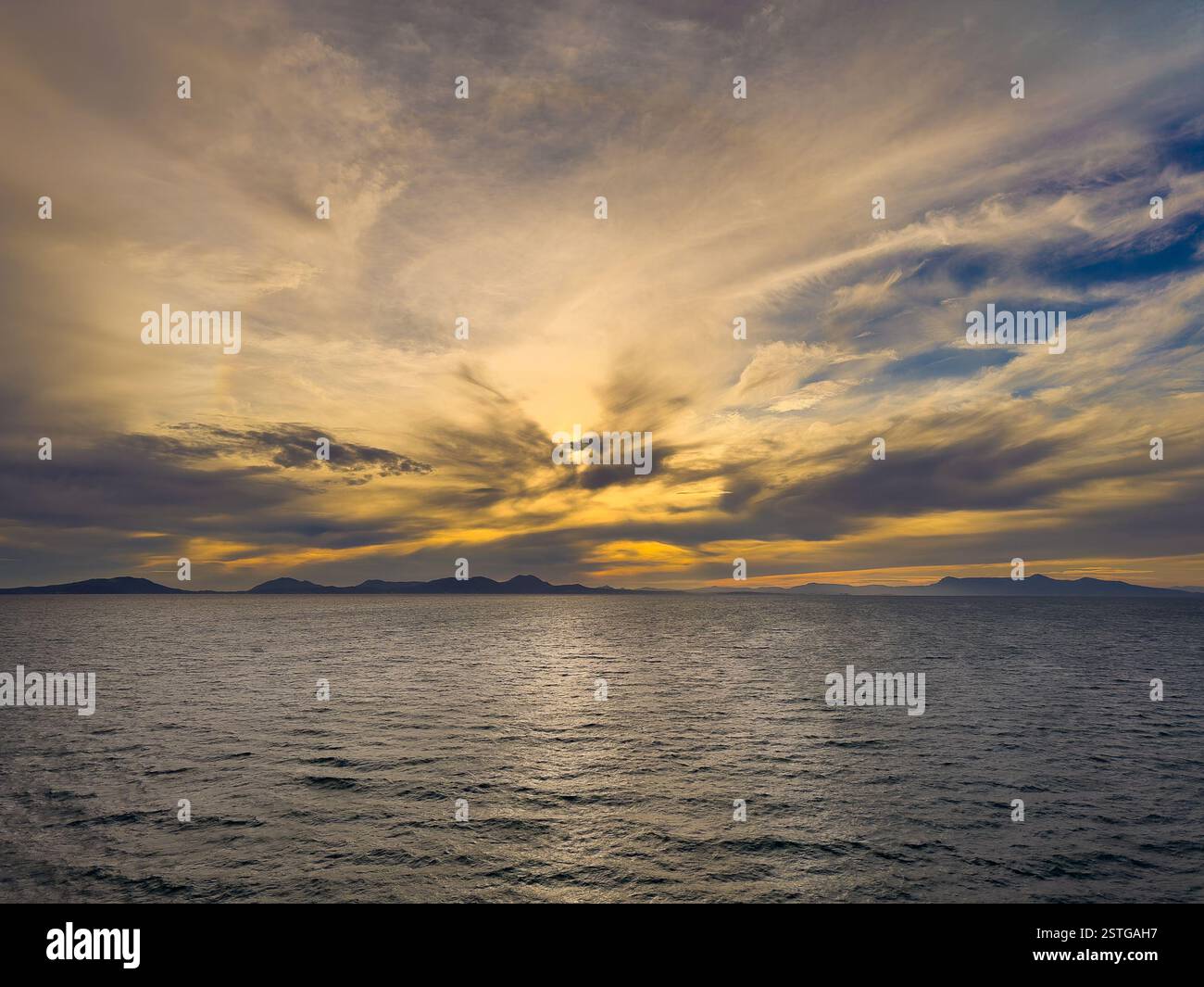 Ionian Sea, Greece - July 3, 2024: Sunset landscape with orange-yellow ...