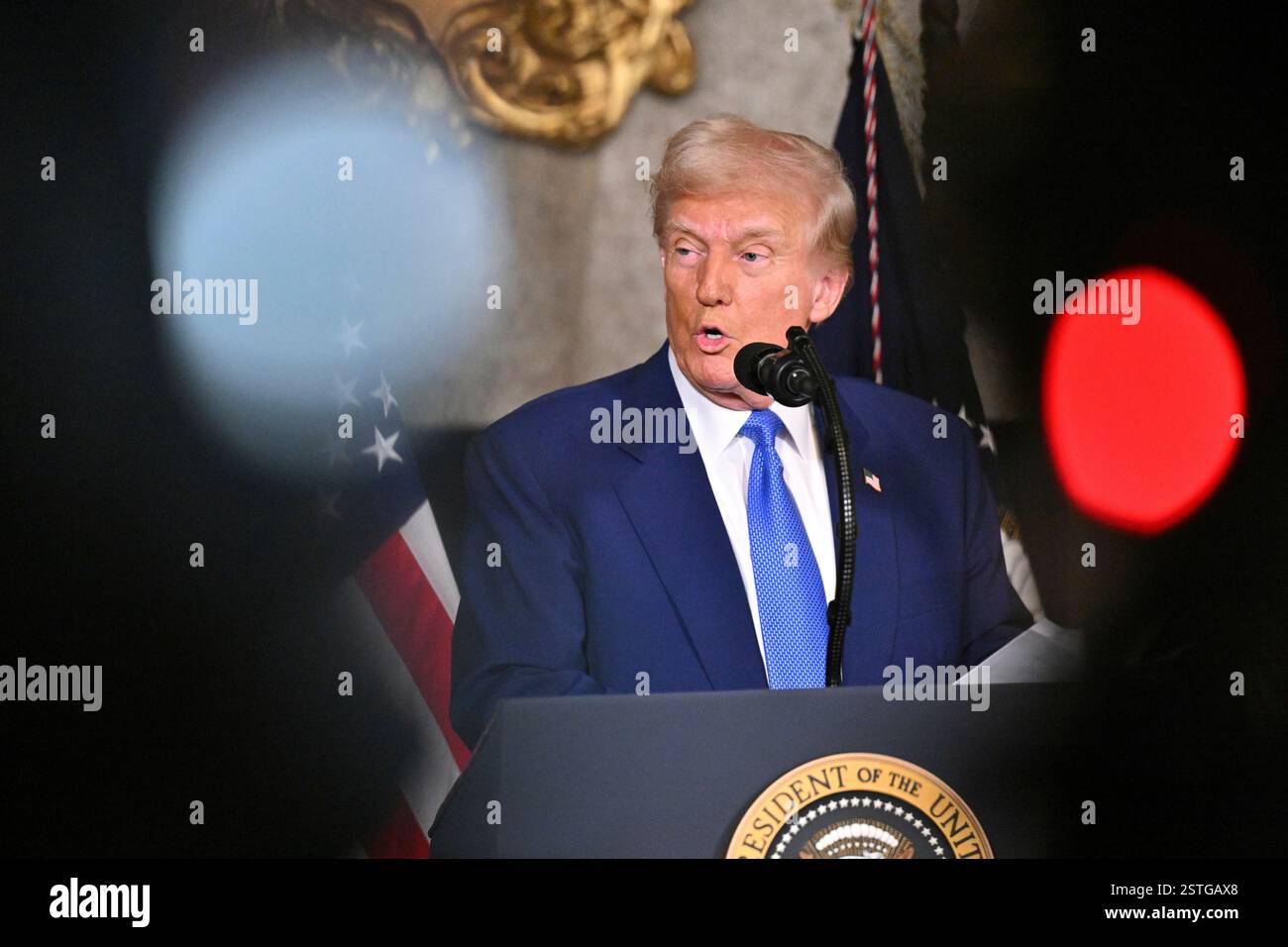 President Donald Trump speaks at Mar-a-Lago in Palm Beach, Fla ...