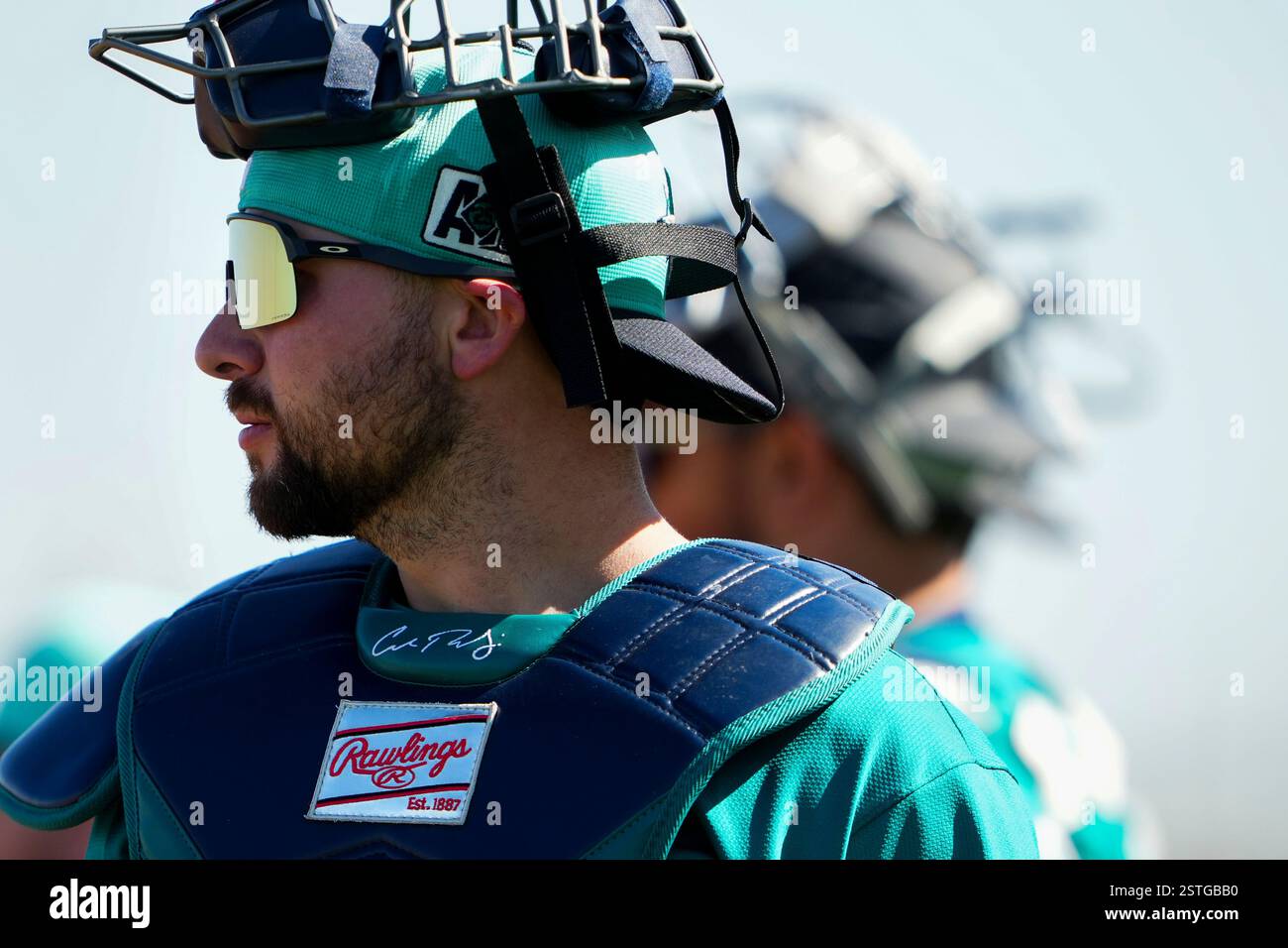 Seattle Mariners catcher Cal Raleigh looks on during spring training ...
