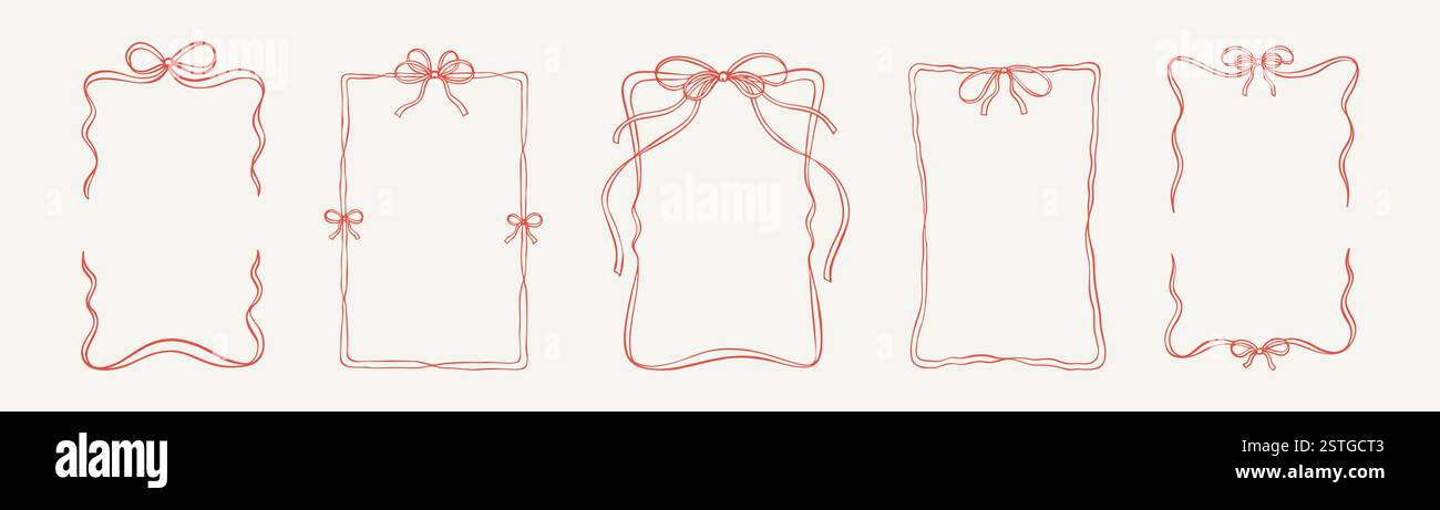 Set of rectangle vertical bow ribbon frames. Cute line doodle coquette ...