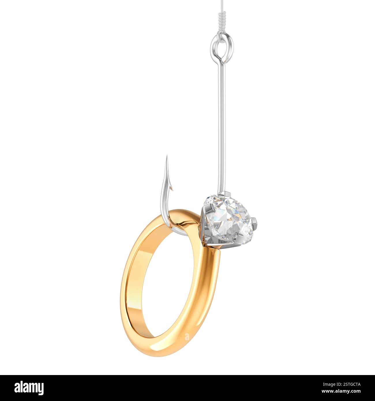 Hook with golden engagement ring with diamond, 3D rendering isolated on ...
