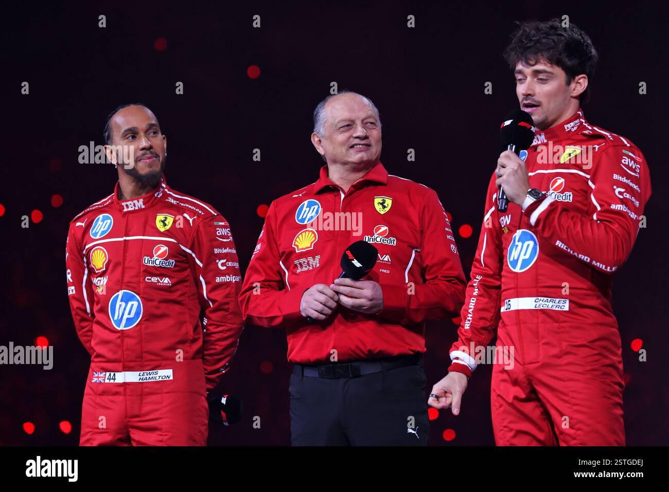 London, UK. 18th Feb, 2025. (L to R): Lewis Hamilton (GBR) Ferrari with ...
