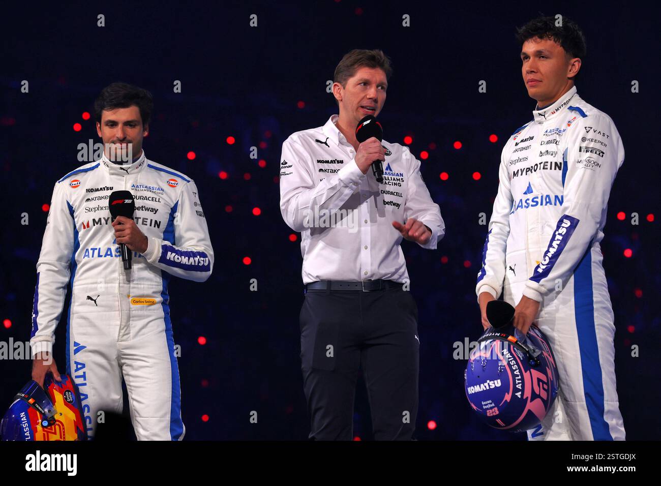London, UK. 18th Feb, 2025. (L to R): Carlos Sainz (ESP) Williams Racing; James Vowles (GBR ...