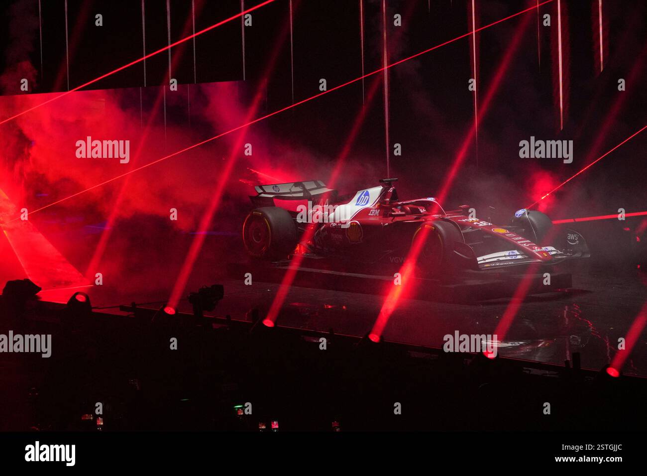 The new Ferrari SF-25 car is displayed during the F1 75 Live launch ...