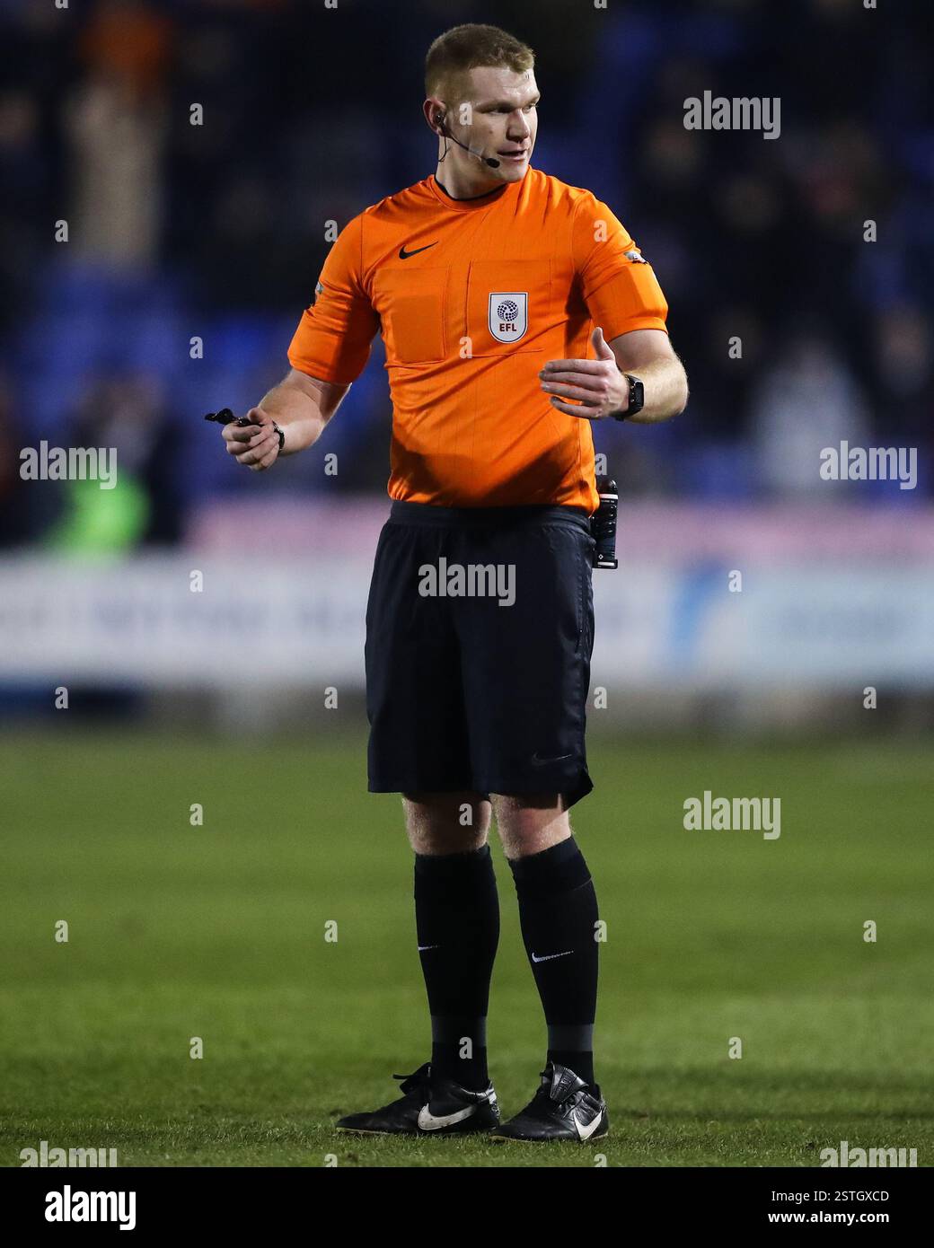 Shrewsbury, UK. 18th Feb, 2025. Referee James Oldham during the Sky Bet ...