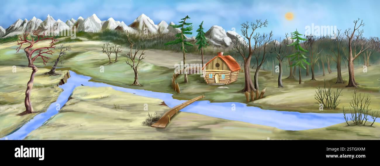 Gloom and dull landscape with Small House Near the River in late Autumn ...