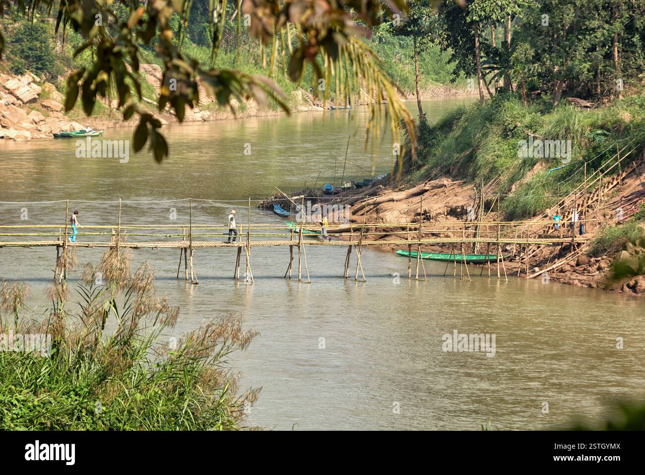 Bamboo bridge across the river Stock Photo - Alamy