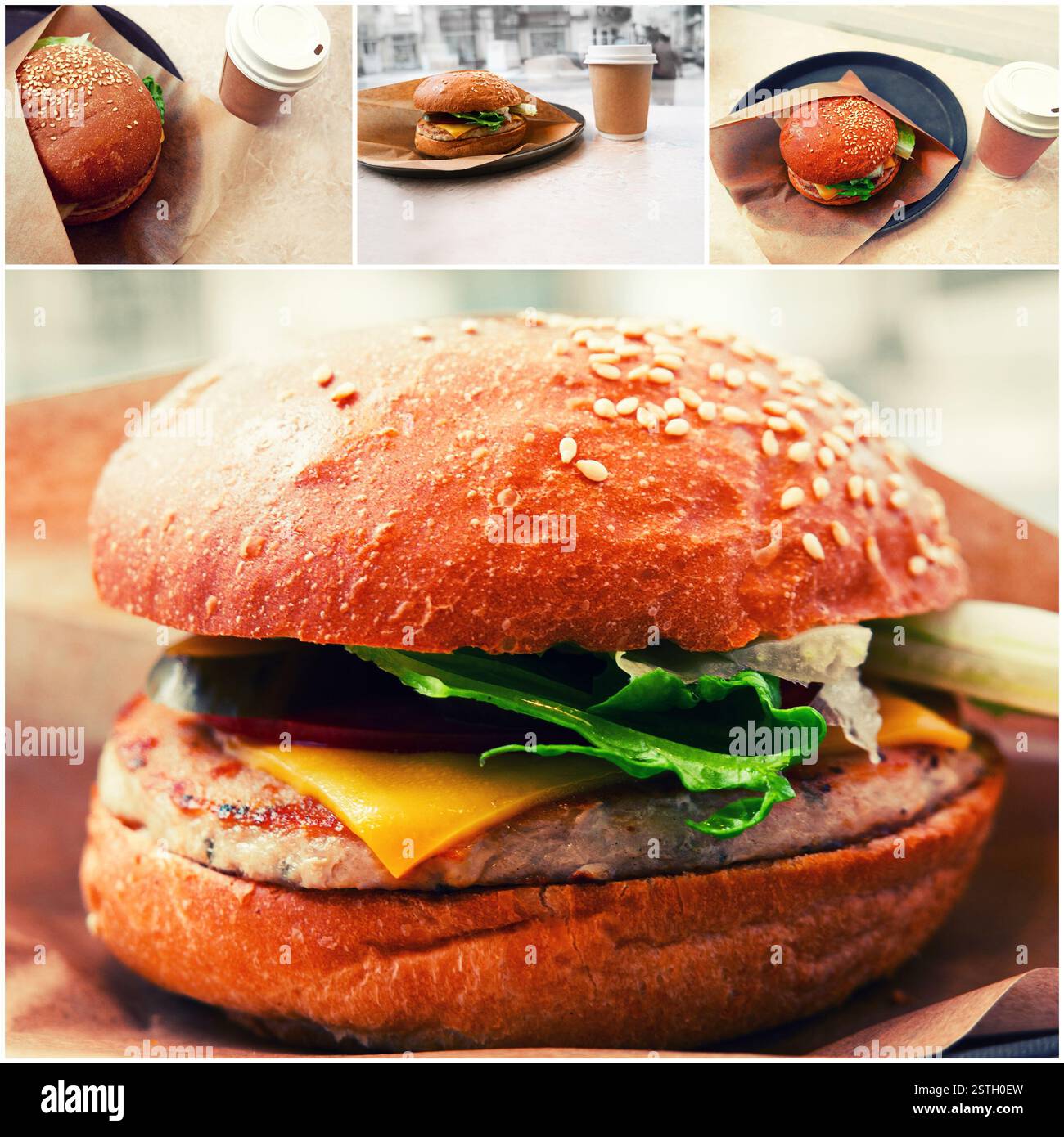 Collage of hamburger and coffee in pub Stock Photo - Alamy