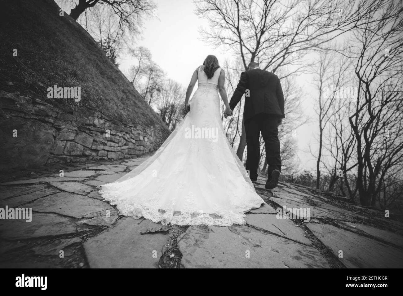 Happy bride and groom walking Stock Photo - Alamy