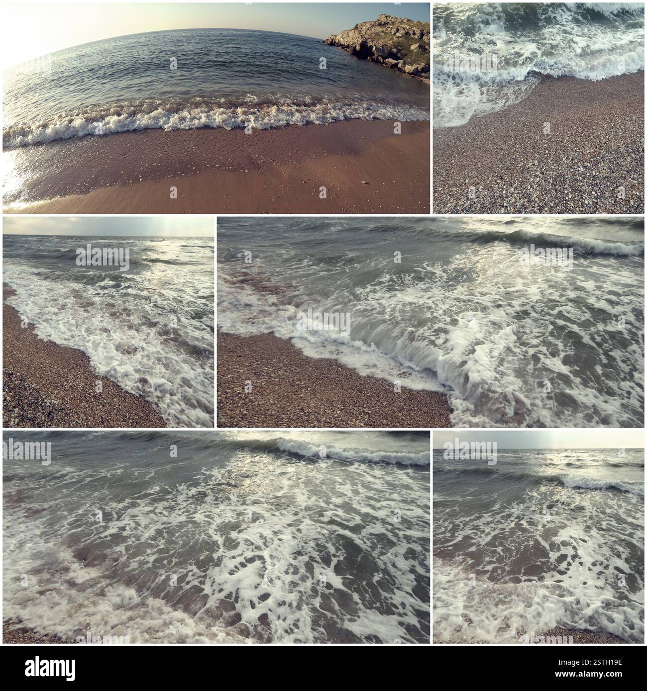 Collage of sea water and wild coast images, set for tourism and ...