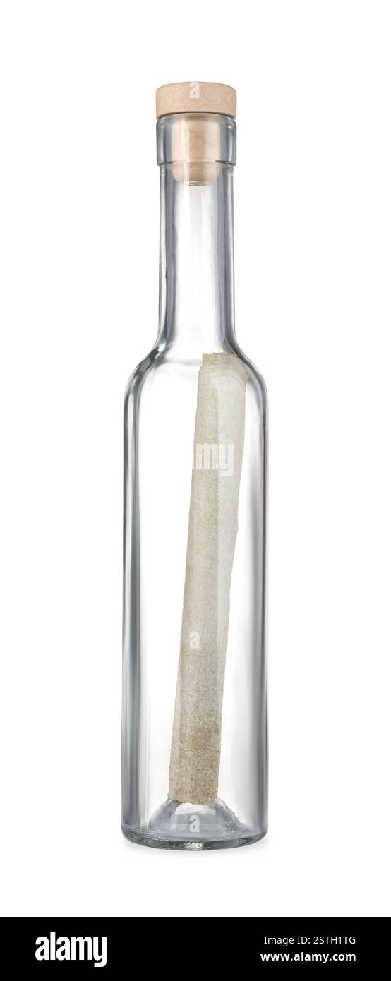 Corked glass bottle with rolled letter isolated on white Stock Photo ...
