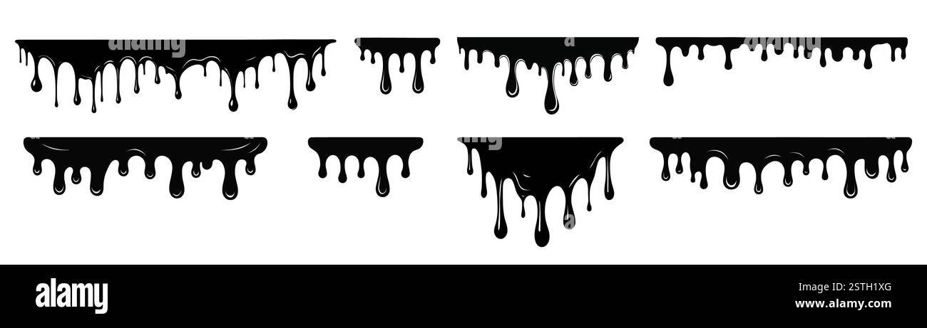 Black dripping paint, melting chocolate or drip of oil. Set of abstract ...