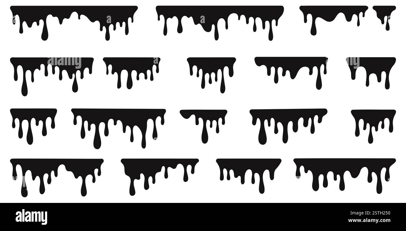 Black dripping paint, melting chocolate or drip of oil. Set of abstract ...