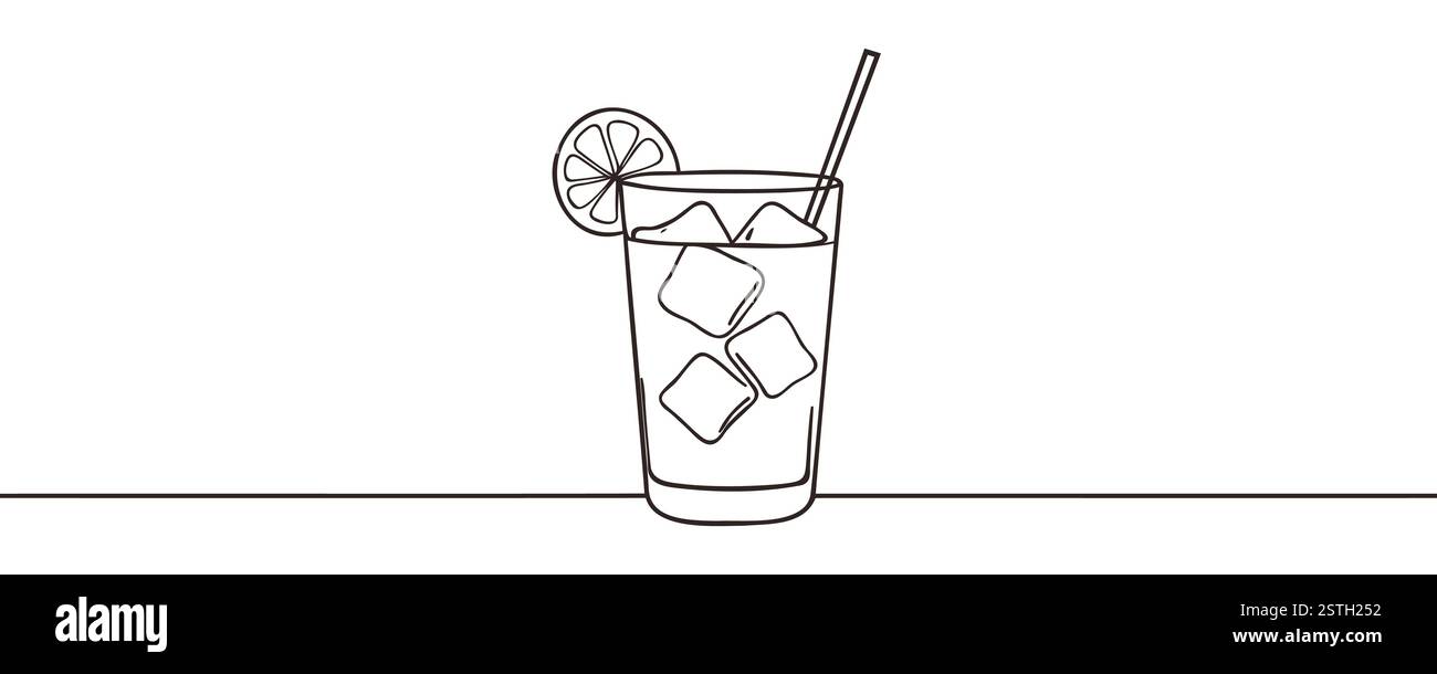 Glass of cocktail or lemonade with ice cubes. Continuous line drawing ...