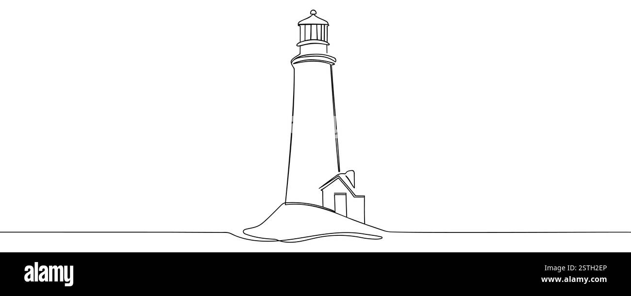 Continuous one line drawing of lighthouse tower on the ocean. One line ...