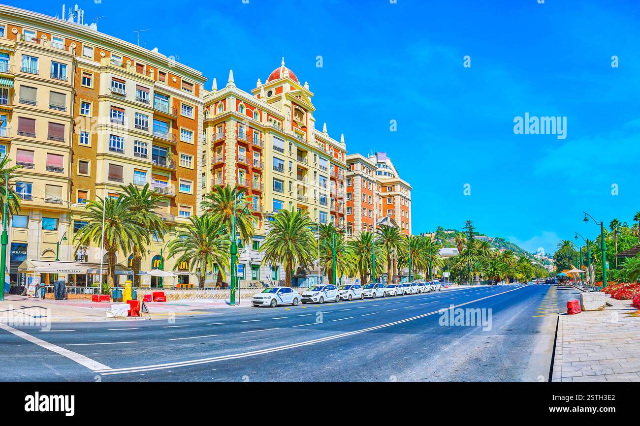 MALAGA, SPAIN - SEPTEMBER 26, 2019: Panorama of Marina Square with palm ...