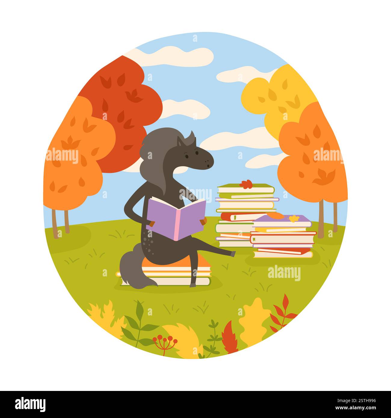 Horse reading book autumn landscape cartoon vector illustration. Smart ...