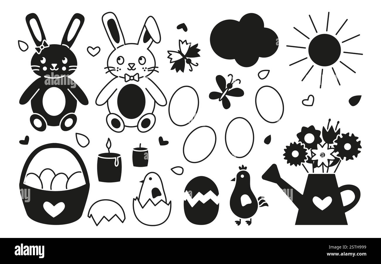 Glyph-style Easter clipart set with solid black rabbits, eggs, chicks ...