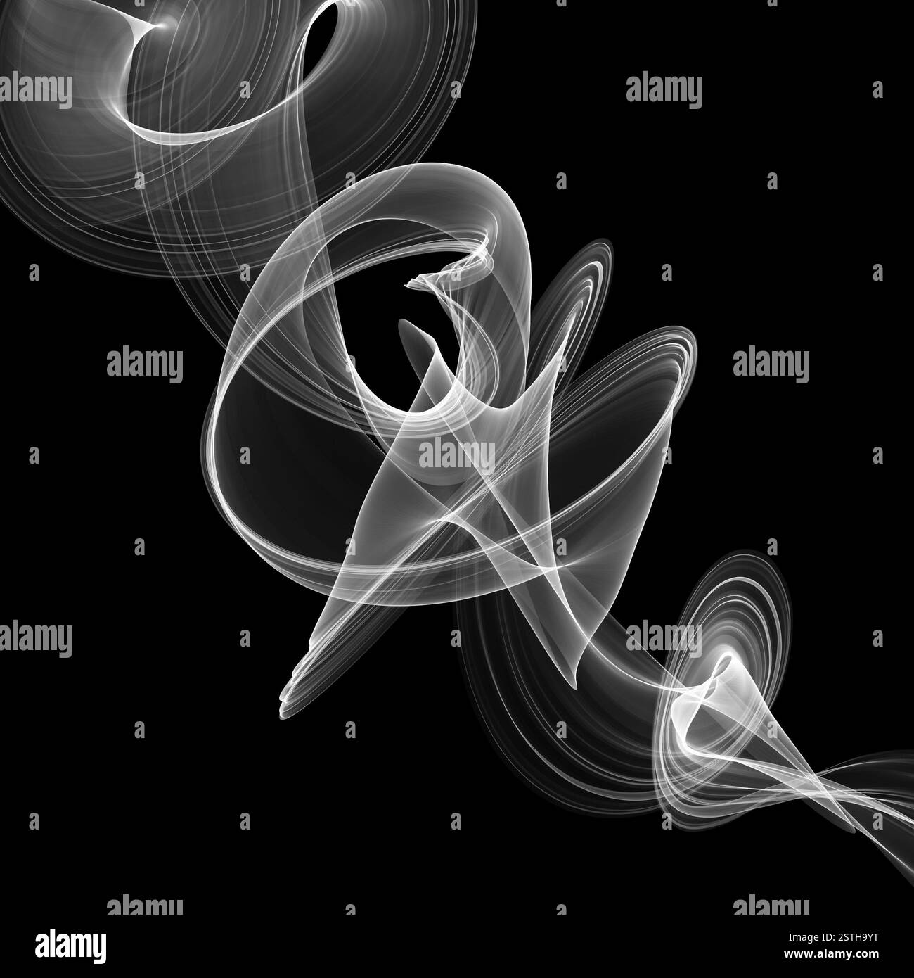 Wavy line of gray smoke on black background with copyspace in up right ...