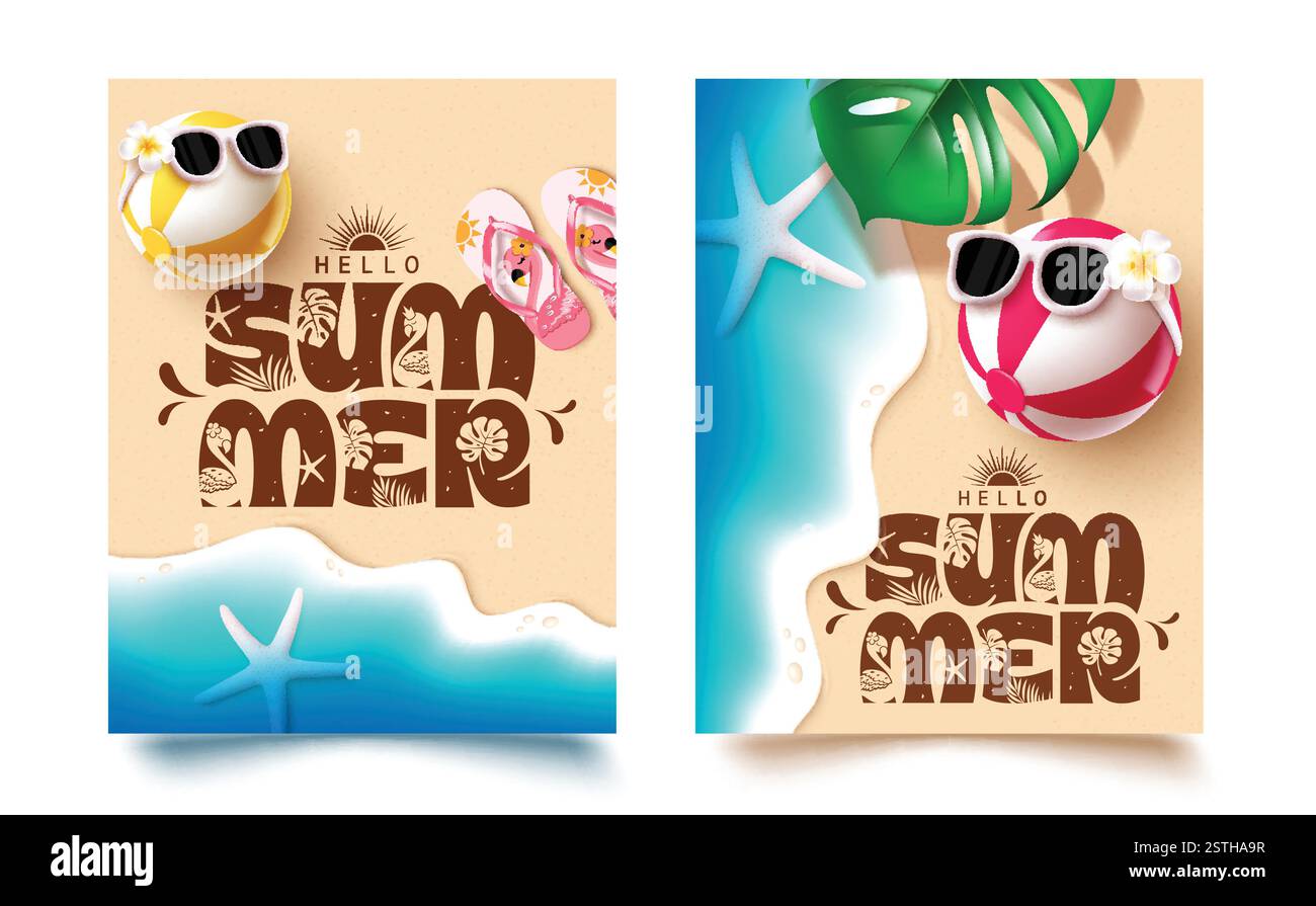 Summer beach clipart poster set. Hello summer text in tropical beach ...
