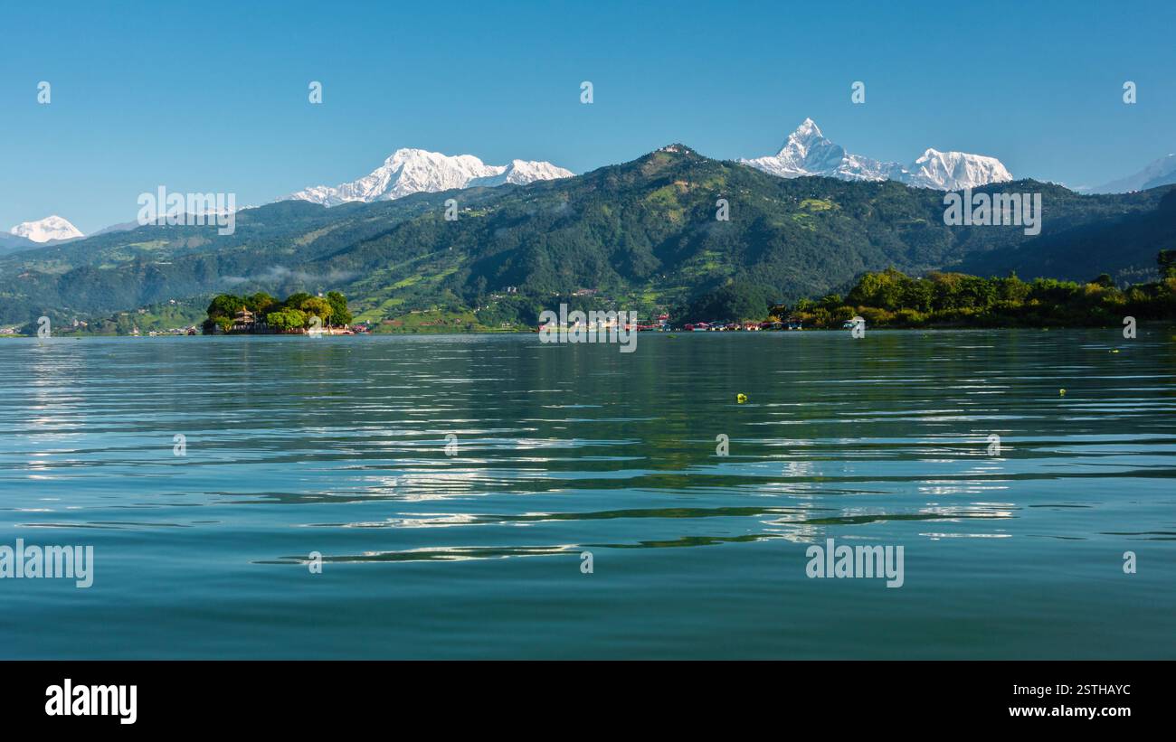 The Machapuchare and Annapurna range seen from Phewa Lake in Pokhara ...