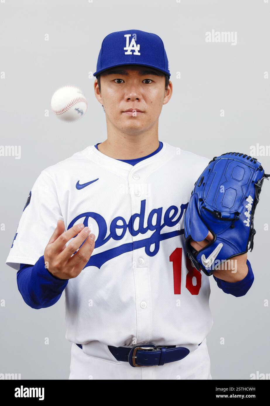 Los Angeles Dodgers pitcher Yoshinobu Yamamoto poses for a media photo ...