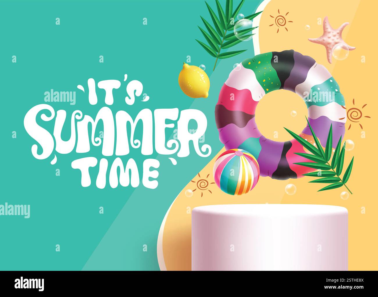 Summer time podium clipart poster design. Summer time greeting text in green and yellow abstract ...