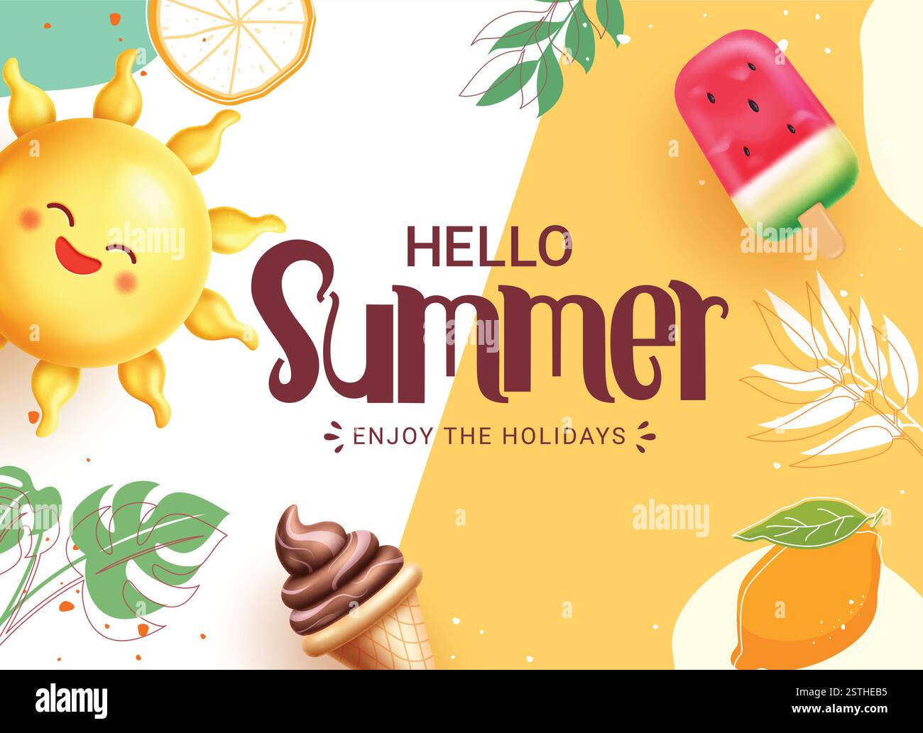 Hello summer greeting clipart background design. Summer text in white and yellow abstract ...